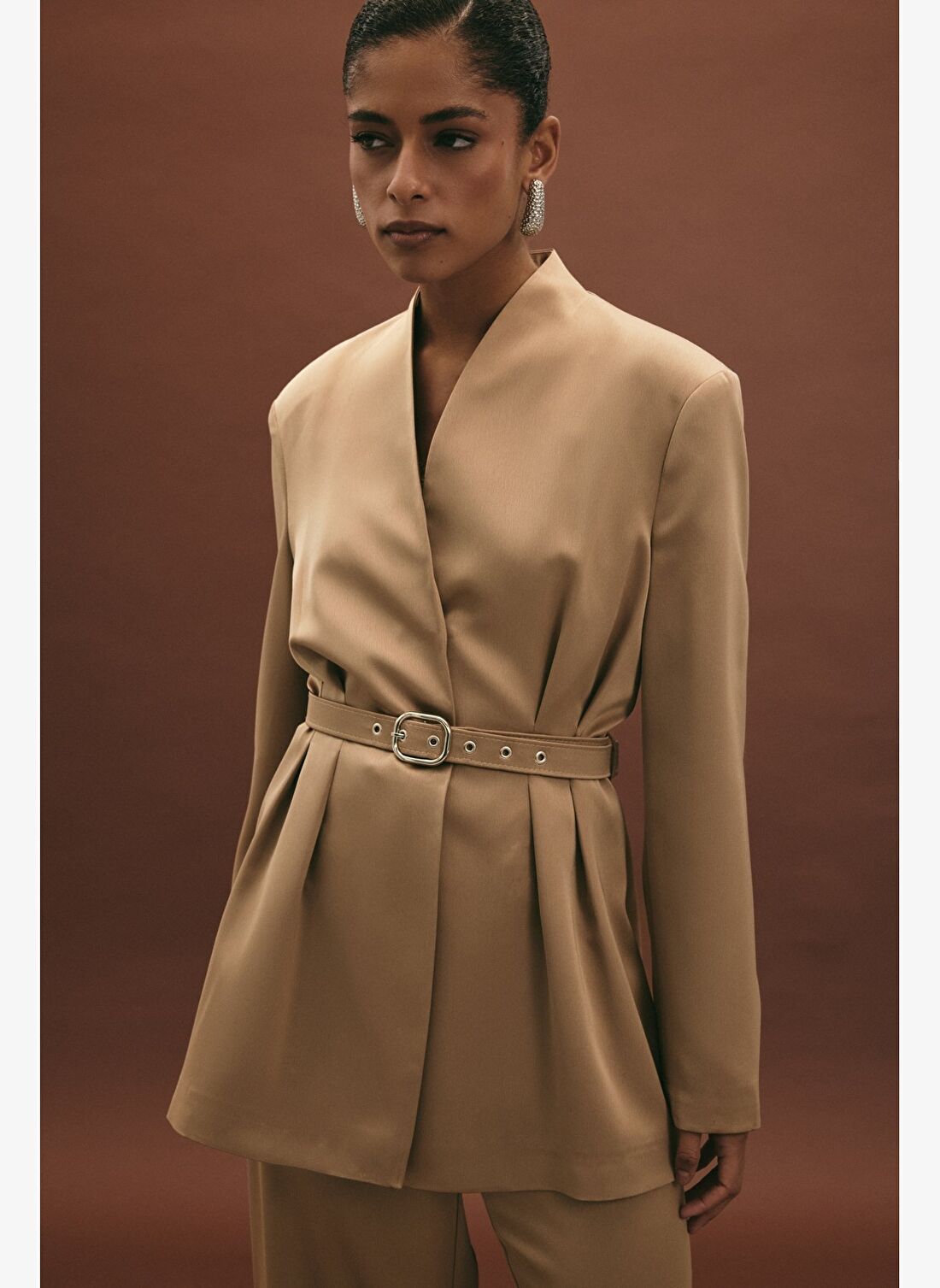 Lisa Kemerli Saten Ceket - Vizon - 15793288 | Boyner