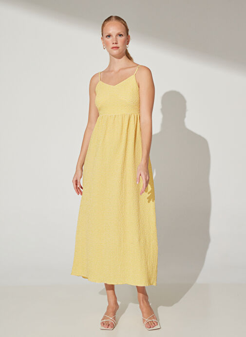 Fabrika V Yaka Kareli Sarı - Beyaz Midi Kadın Elbise Multin - 1340252 ...