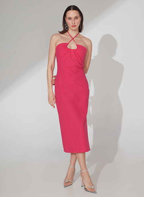 Fabrika Fuşya Kadın V Yaka Midi Basic Keten Elbise Esto - 1376050 | Boyner