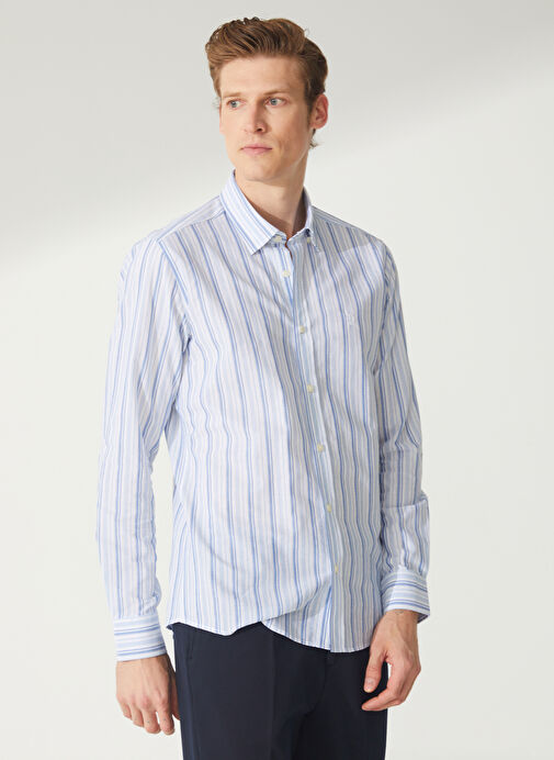 Beymen Business Slim Fit Düğmeli Yaka Beyaz - Mavi Erkek Gömlek ...