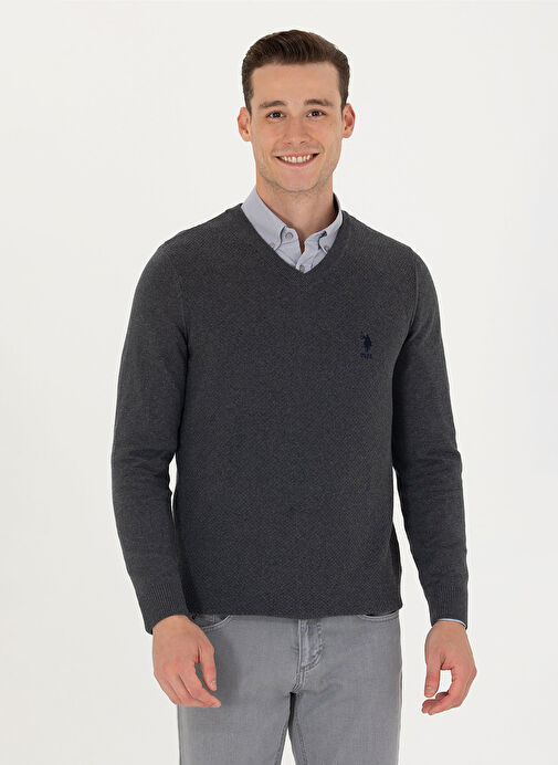 U.S. Polo Assn. V Yaka Slim Fit Antrasit Melanj Erkek Kazak Tcduni ...