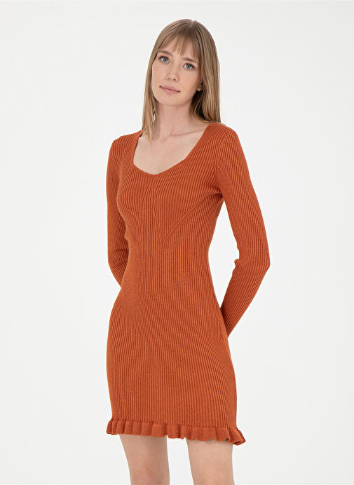 Pierre Cardin Kalp Yaka Düz Örgü Desenli Kırmızı Mini Kadın Elbise ...