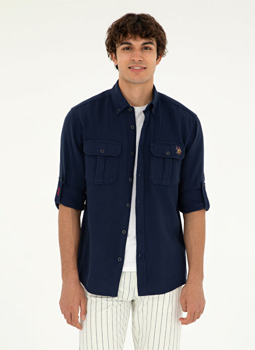 U.S. Polo Assn. Regular Fit Düğmeli Yaka Lacivert Erkek Gömlek Lomba ...