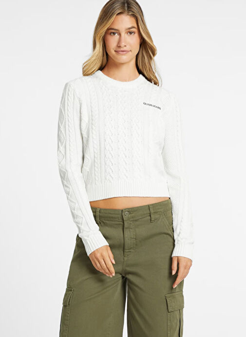 Guess Beyaz Kadın Bisiklet Normal Desenli Kazak Gj Ls Cn Cable Swtr ...