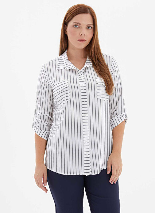 Selen Lacivert Kadın Gömlek Normal Çizgili Gömlek 24Ksl8948-Bb ...