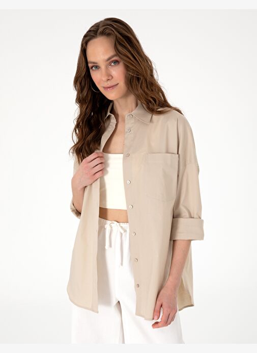 Kum Oversize Uzun Kollu Gömlek - 15478683 | Boyner