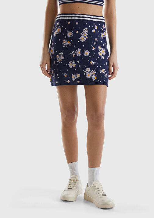 Kadın Koyu Lacivert %100 Pamuk Çiçek Desenli Bel Detaylı Mini Etek ...