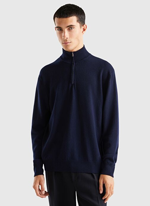 Erkek Lacivert %100 Merino Yarım Fermuarlı Yakalı Kazak - 15544201 | Boyner