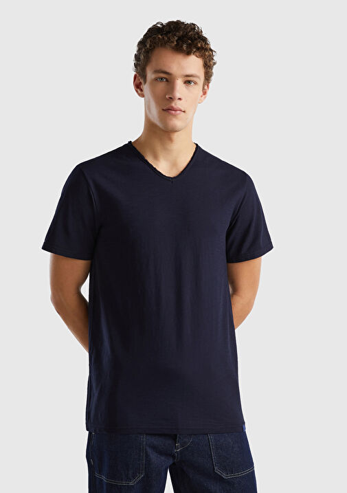 Erkek Lacivert V Yaka Slub T-Shirt - 15304732 | Boyner