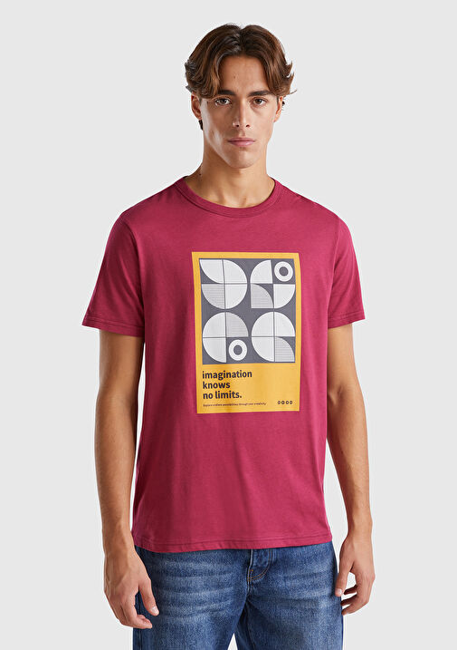 Erkek Bordo %100 Pamuk Önü Baskılı Kısa Kollu Yuvarlak Yaka T-Shirt ...