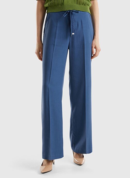 Kadın Gece Mavisi %100 Liyosel Önü Pileli Beli İpli Ve Düğmeli Pantolon ...