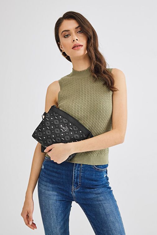 Kadın Basic Clutch Çanta Monogram Desenli Logolu Siyah Gri (4010Sg ...