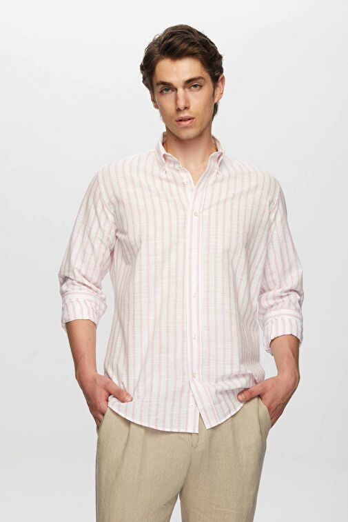 Ds Damat Slim Fit Pembe Çizgili Düğmeli Yaka %100 Pamuk Flamlı Yazlık ...
