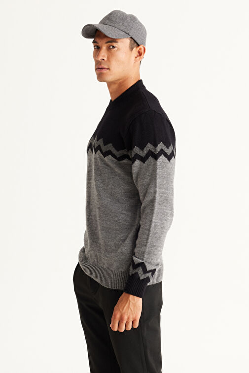 Erkek Siyah-Gri Melanj Standart Fit Normal Kesim Yarım Balıkçı Yaka ...