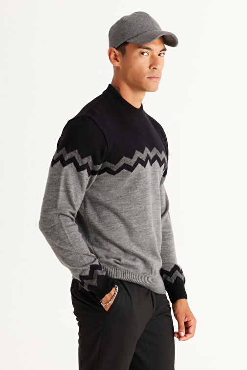 Erkek Siyah-Gri Melanj Standart Fit Normal Kesim Yarım Balıkçı Yaka ...