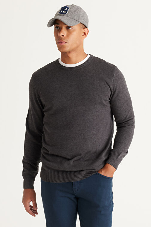 Erkek Antrasit-Melanj Standart Fit Normal Kesim Bisiklet Yaka Pamuklu ...