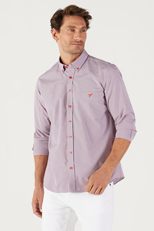 Erkek Lacivert-Kırmızı Slim Fit Dar Kesim Düğmeli Yaka Logolu Cepli ...