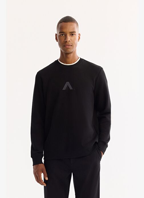 Erkek Siyah Bisiklet Yaka Ottoman İnterlok Flok Baskı Sweatshirt ...