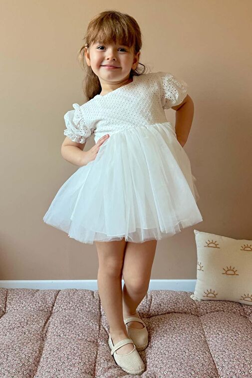 Beyaz Kısa Kollu Fisto Bluzlu Tül Etekli Kız Çocuk Elbise - Marcia ...