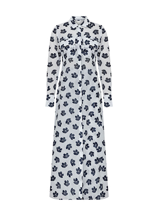 Navy Flowers Uzun Cotton Vual Gömlek - 15387815 | Boyner