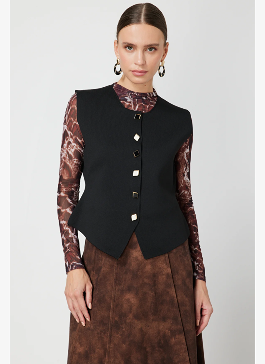 Sıfır Yaka Düğmeli Yelek Sİyah - 15780384 | Boyner